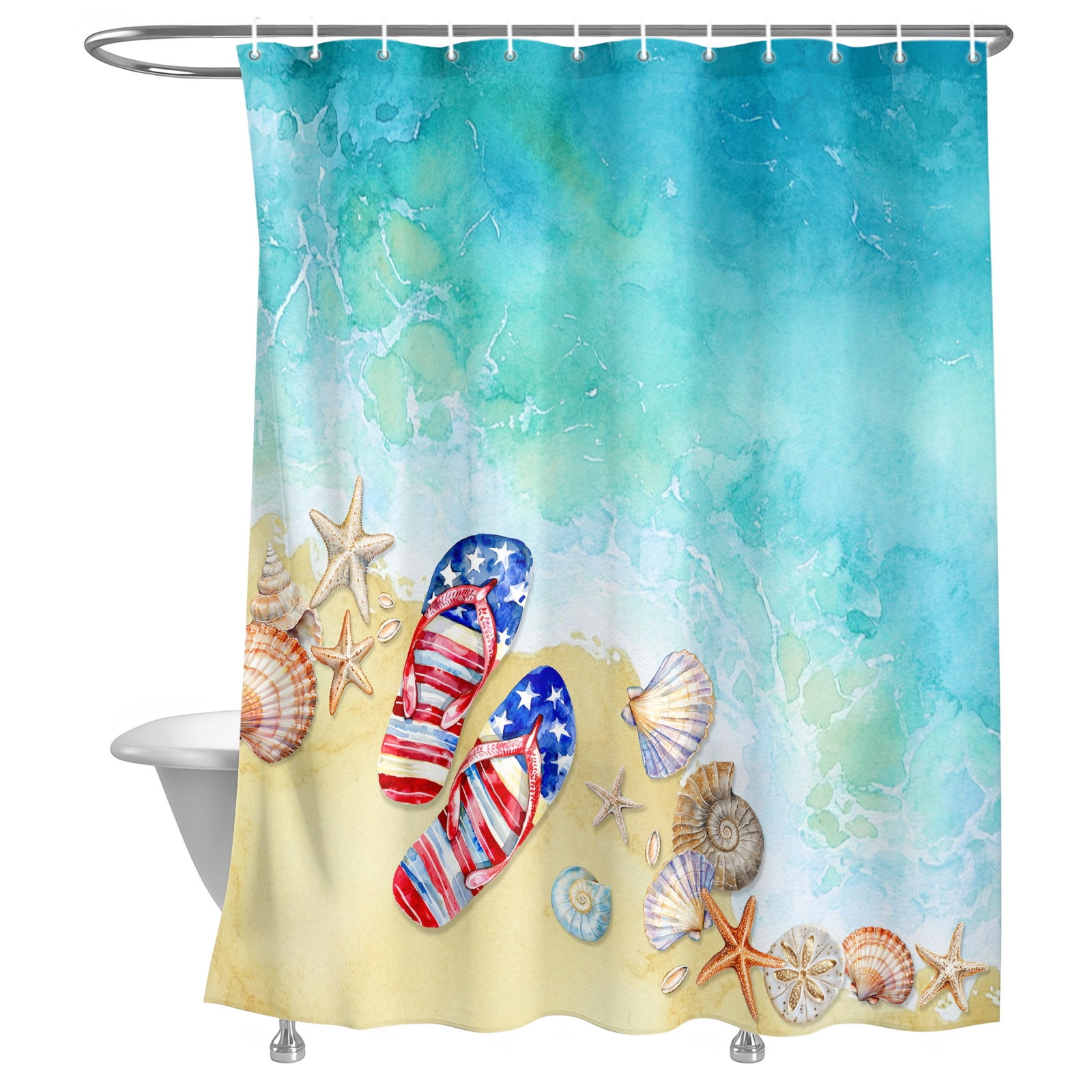 Bathroom Shower Curtain Blue Ocean Coastal Slippers USA Flag Waterproof ...