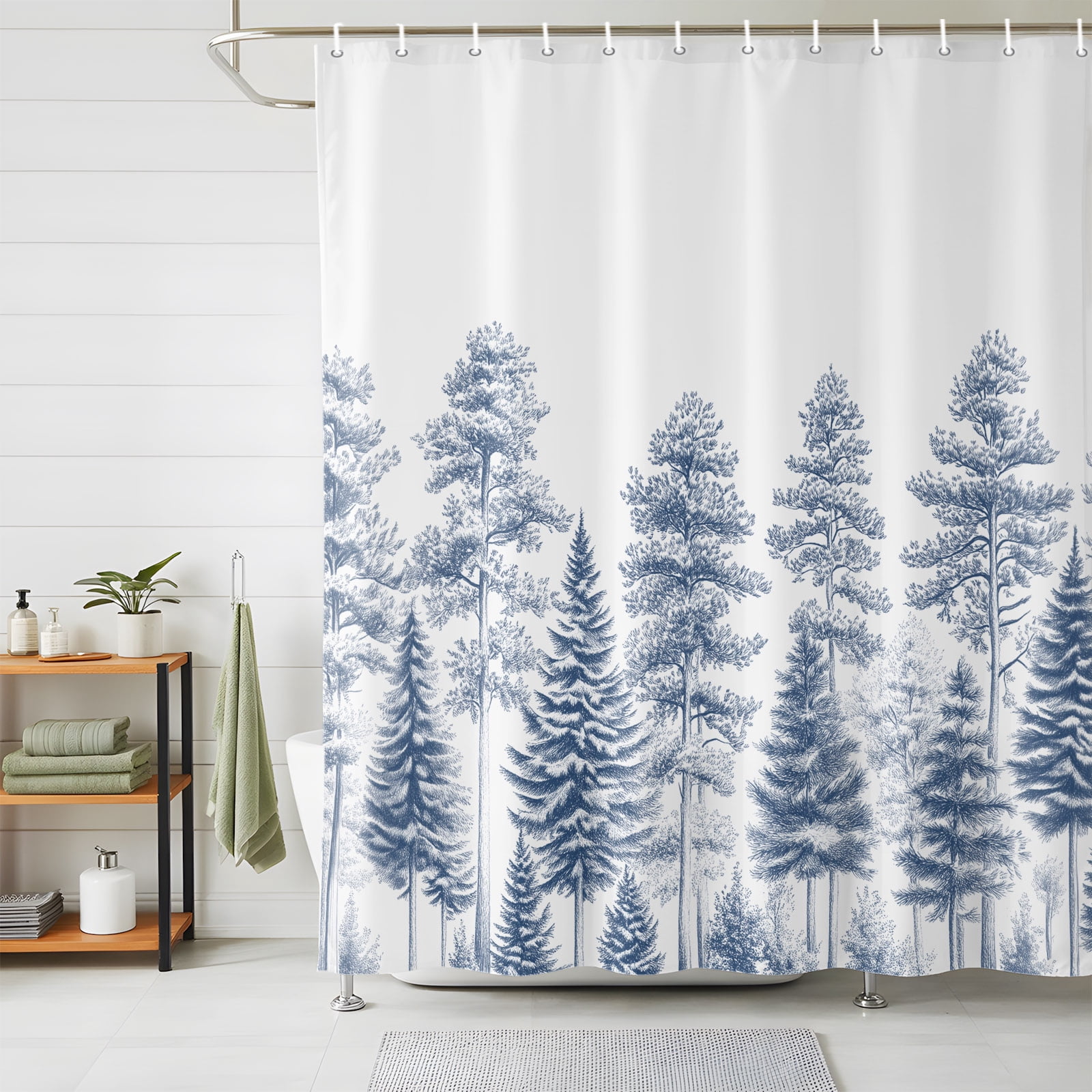 Bathroom Shower Curtain Blue Pine Tree Forest on White Waterproof ...