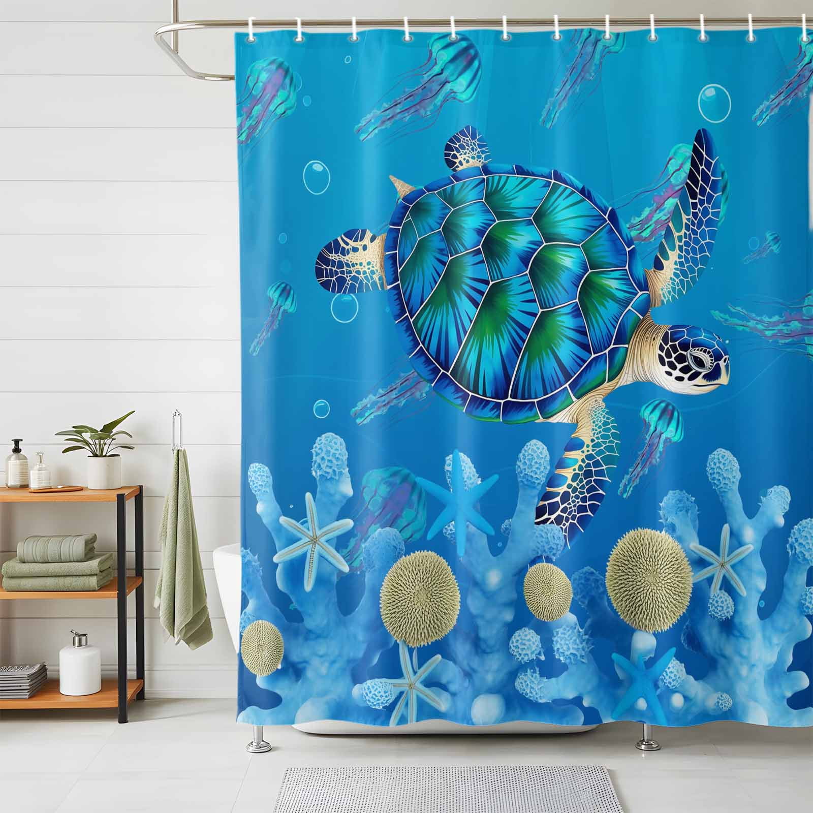Bathroom Shower Curtain Blue Sea Turtles Motherfish Sea Gall Shells ...