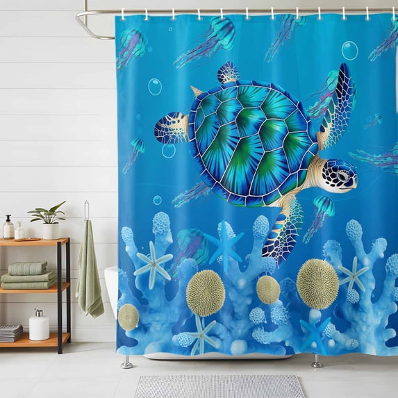 Bathroom Shower Curtain Blue Sea Turtles Motherfish Sea Gall Shells ...