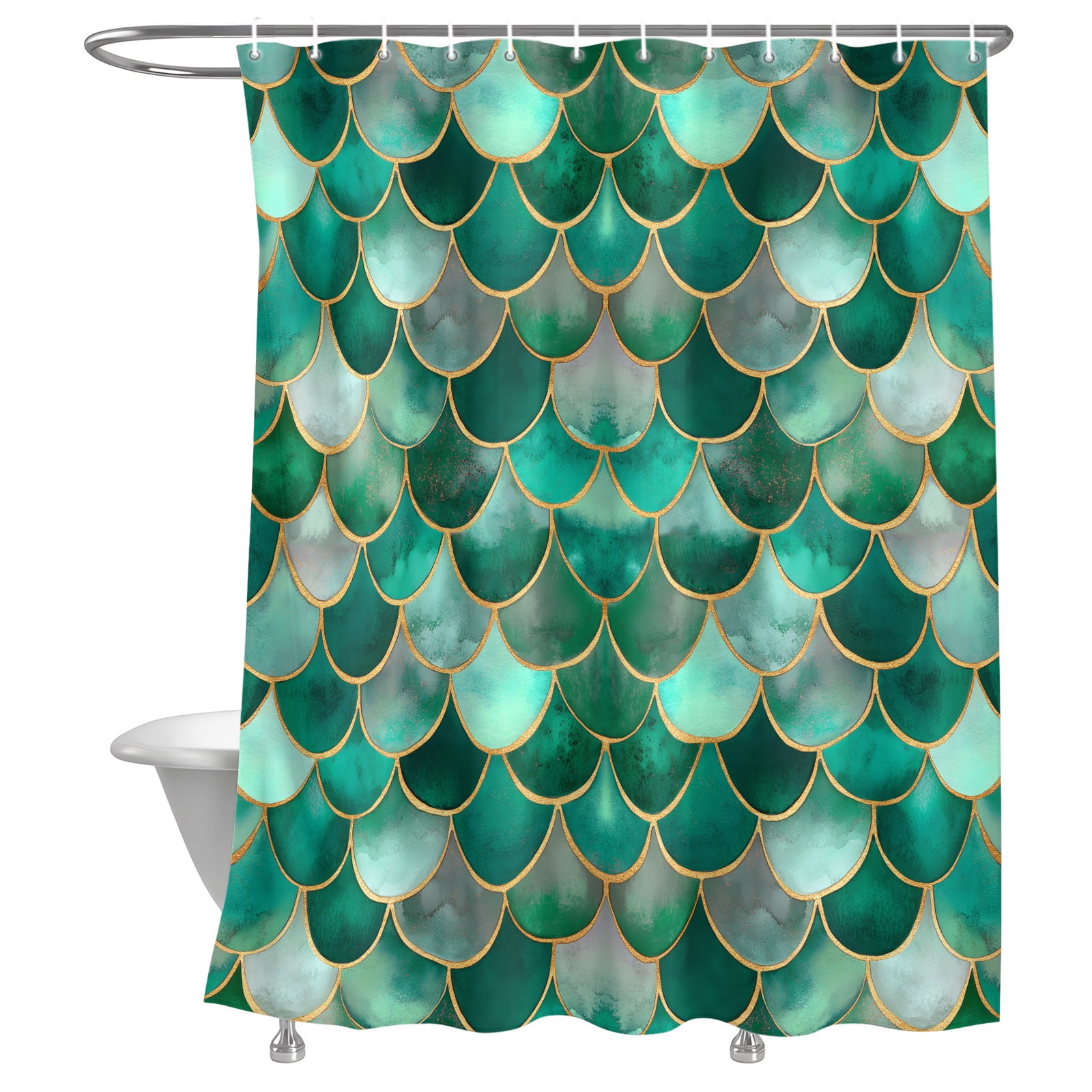 Bathroom Shower Curtain Bohemian Emerald Green Fish Scales Waterproof ...