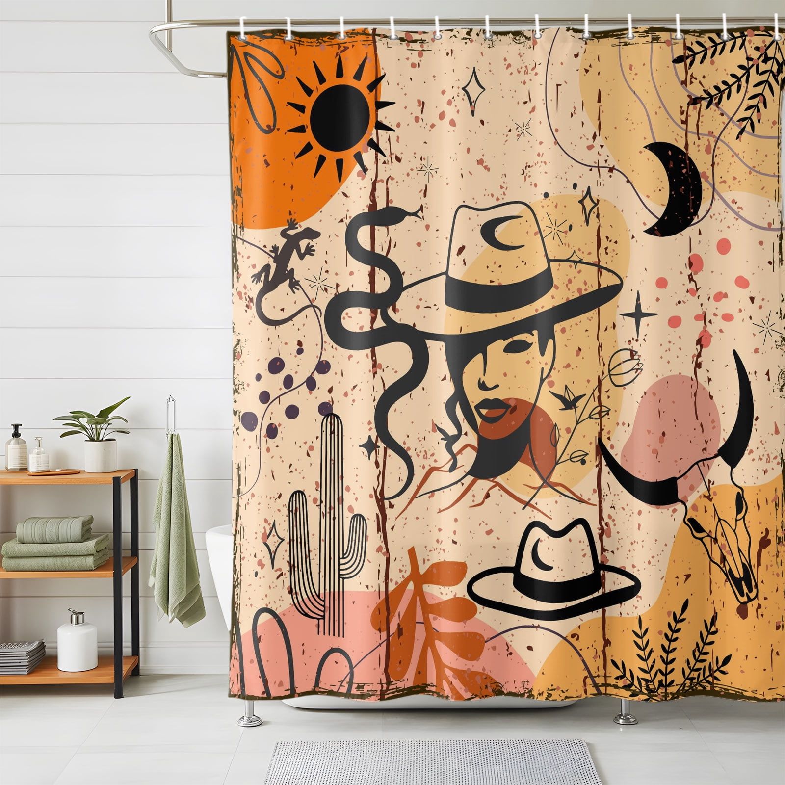 Bathroom Shower Curtain Bohemian Vintage Western Cowboy Hat Cactus ...