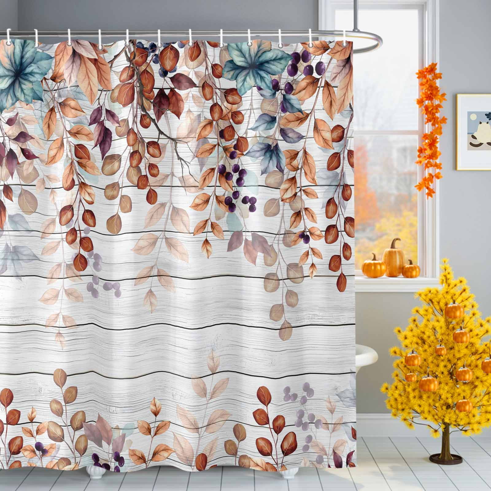 Bathroom Shower Curtain Burnt Orange Eucalyptus Leaf Waterproof Shower ...