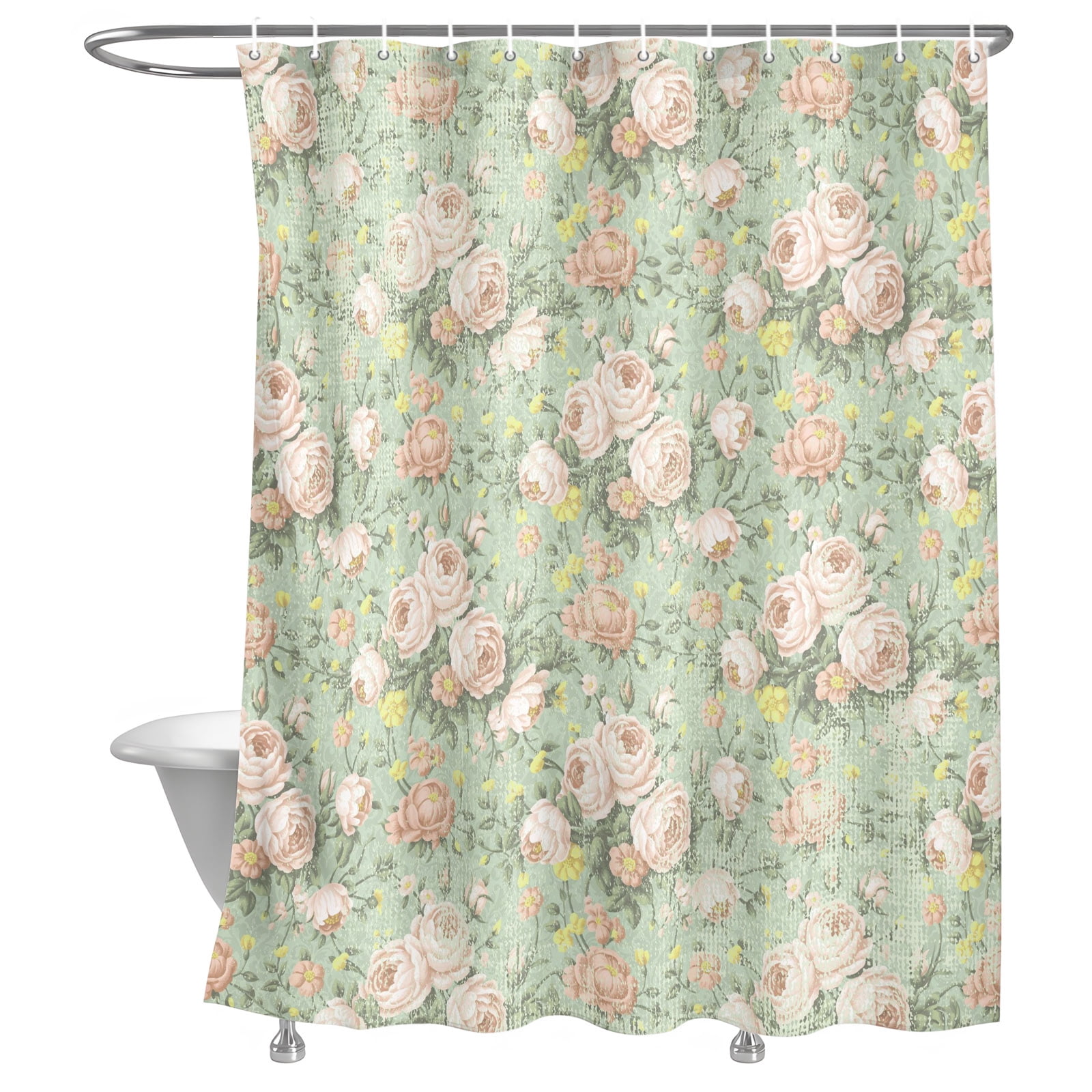 Bathroom Shower Curtain Camellia Vintage Flower Green Leaves Waterproof ...