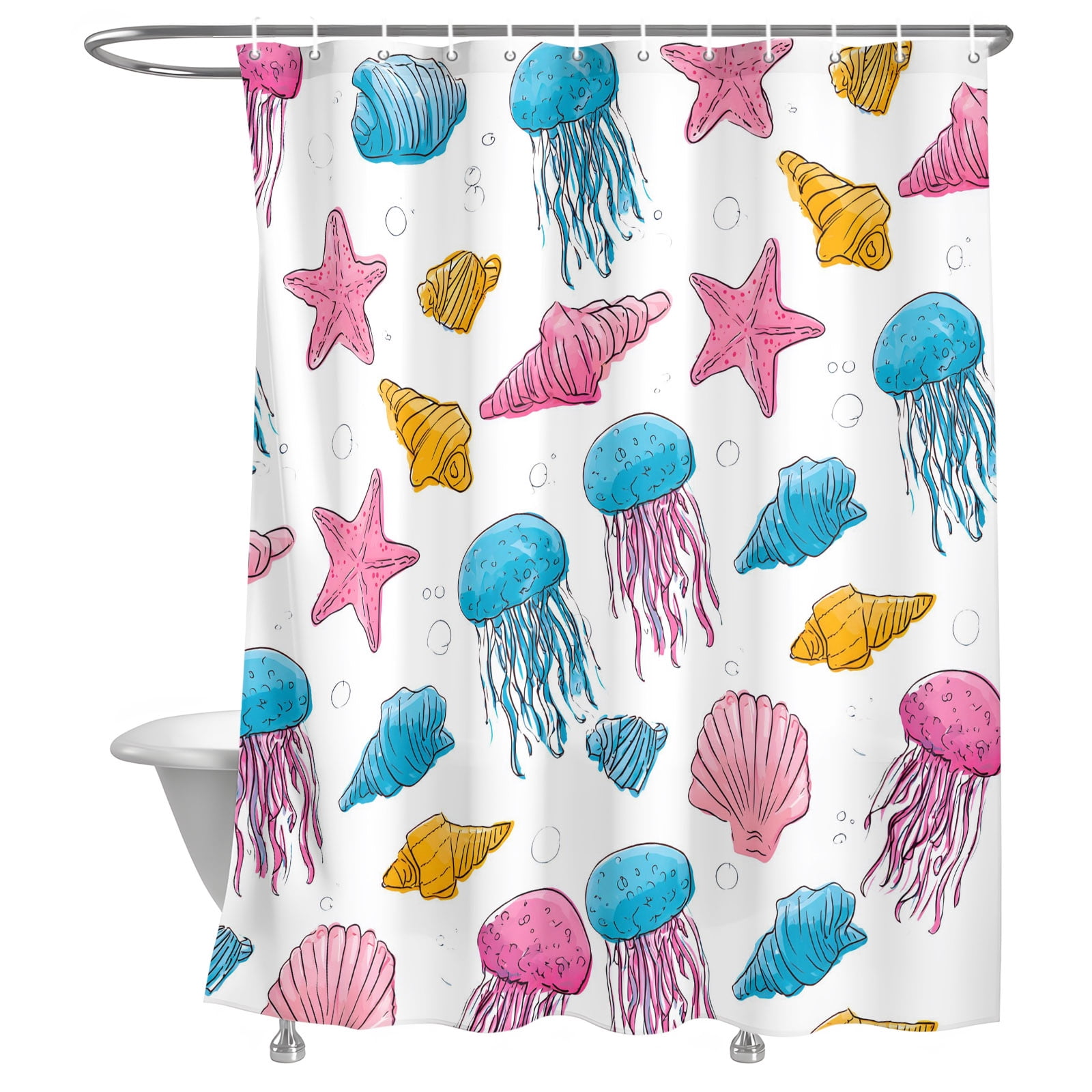 Bathroom Shower Curtain Cartoon Coastal Starfish Jellyfish Waterproof ...