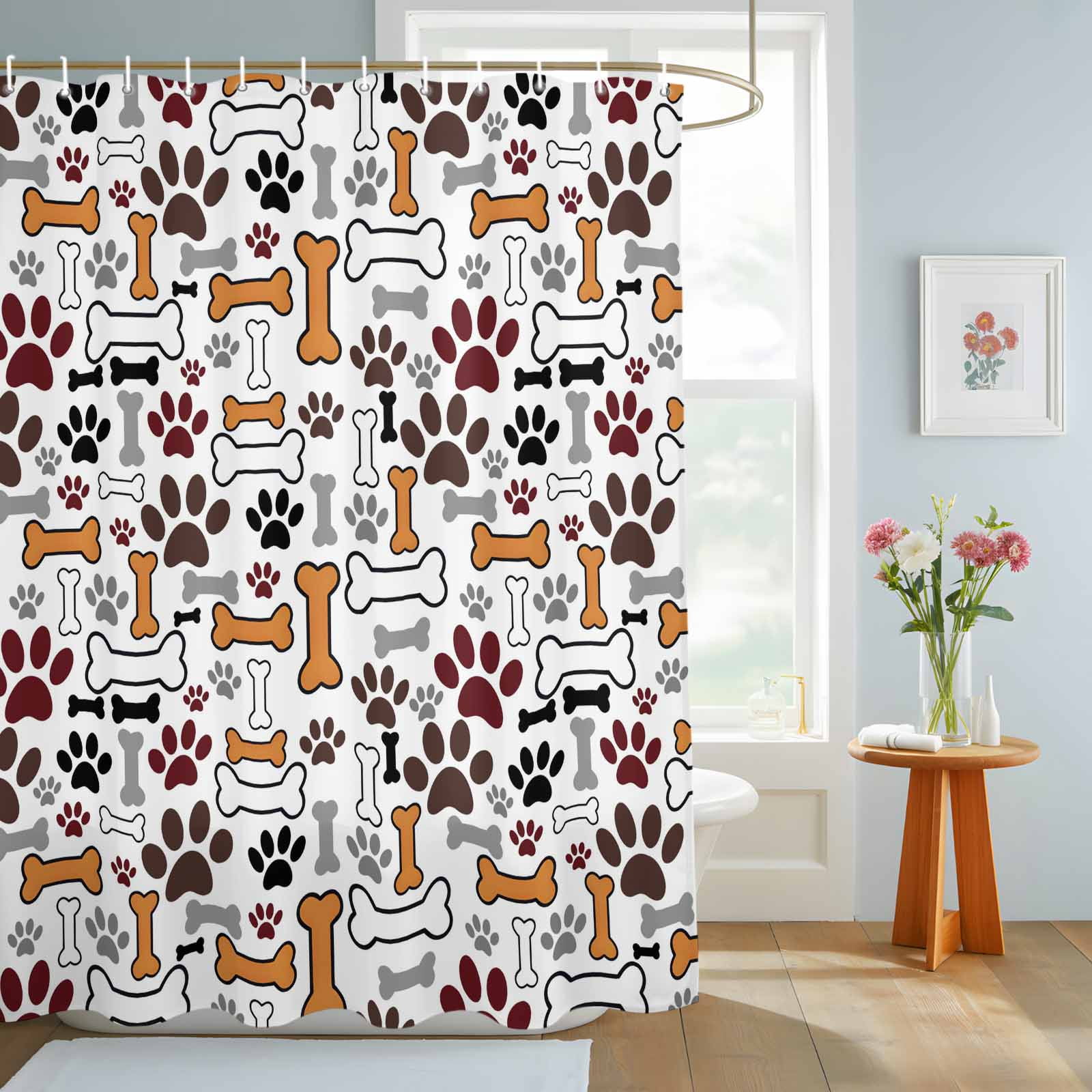 Bathroom Shower Curtain Cartoon Dog Paw Bone and Text Animals Art ...