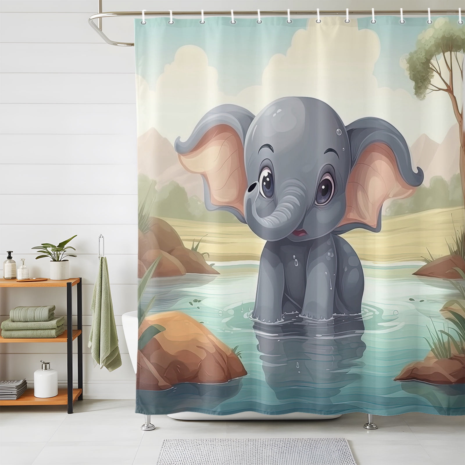 Bathroom Shower Curtain Cartoon Elephant in River Waterproof Shower ...