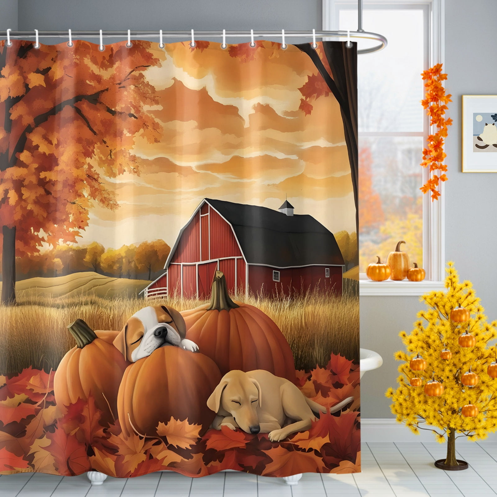 Bathroom Shower Curtain Cartoon Farm Dog Pumpkin Waterproof Shower ...