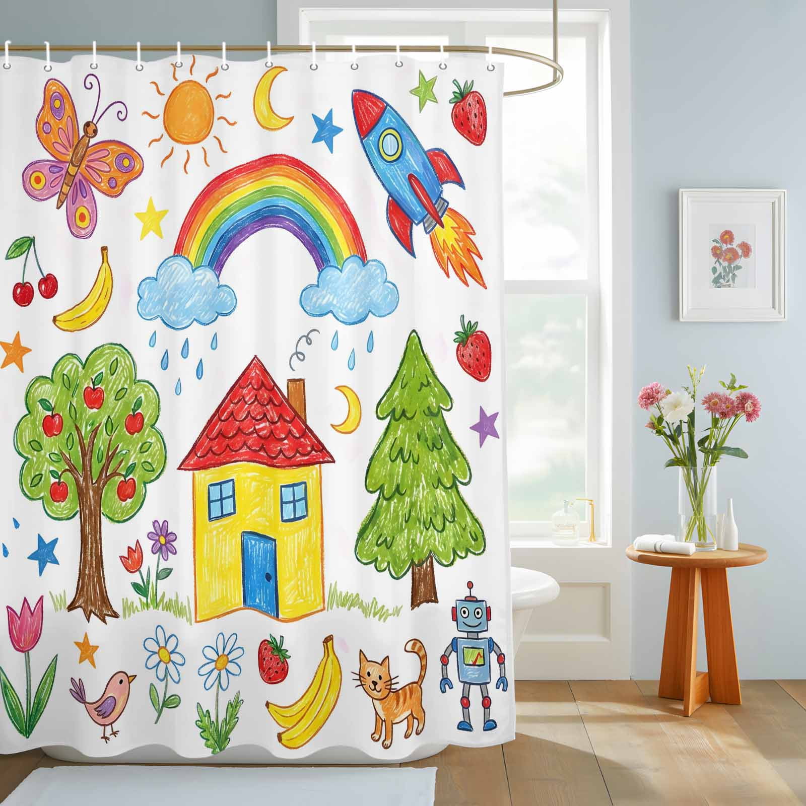 Bathroom Shower Curtain Cartoon Painting House Tree Waterproof Shower ...