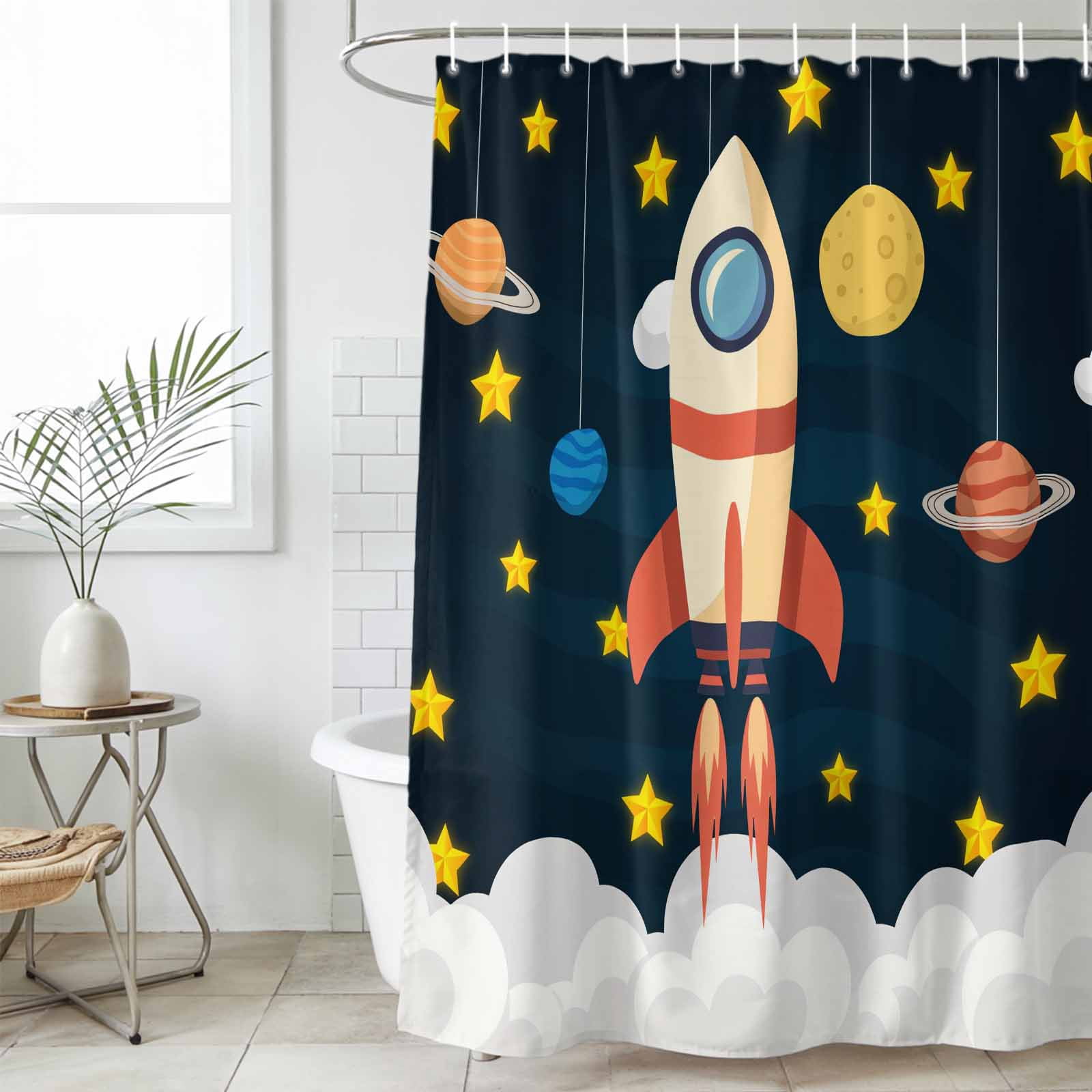 Bathroom Shower Curtain Cartoon Rocket Colorful Planet Waterproof ...