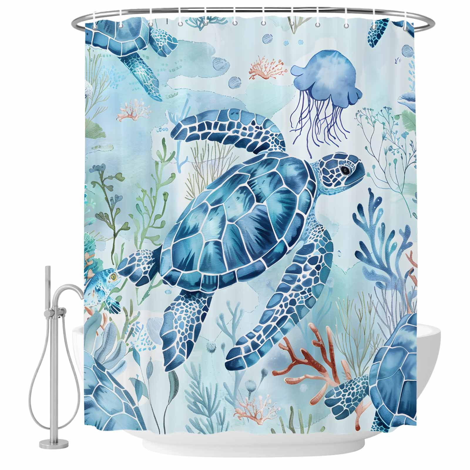 Bathroom Shower Curtain Cartoon Sea Turtle Blue Coral Jellyfish ...