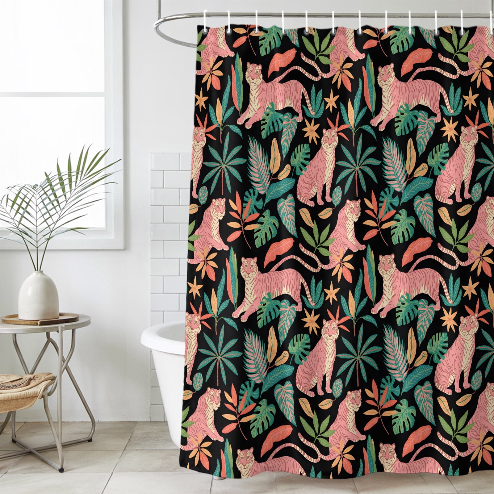 Bathroom Shower Curtain Cartoon Tiger Tropical Leaves Waterproof Shower ...