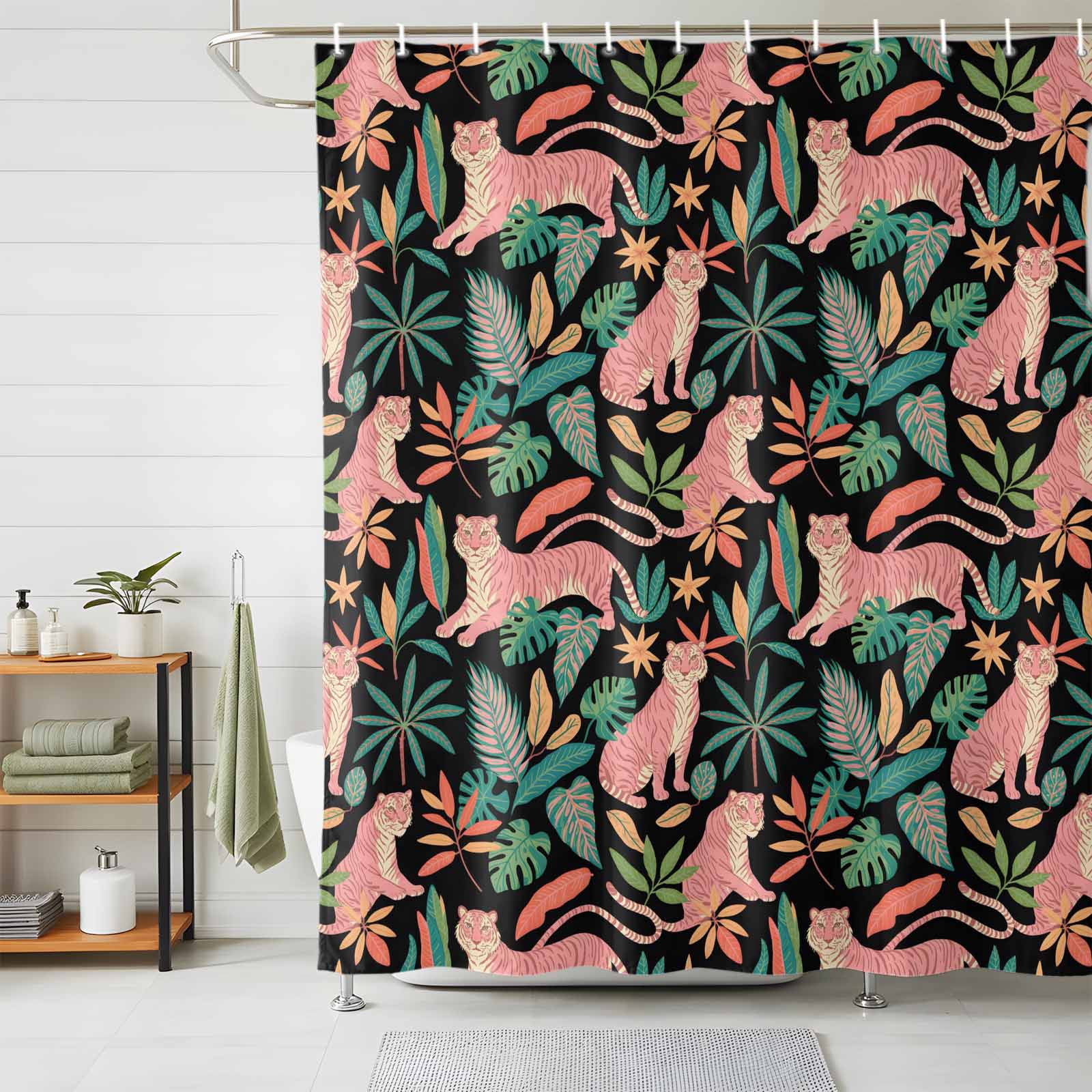 Bathroom Shower Curtain Cartoon Tiger Tropical Leaves Waterproof Shower ...