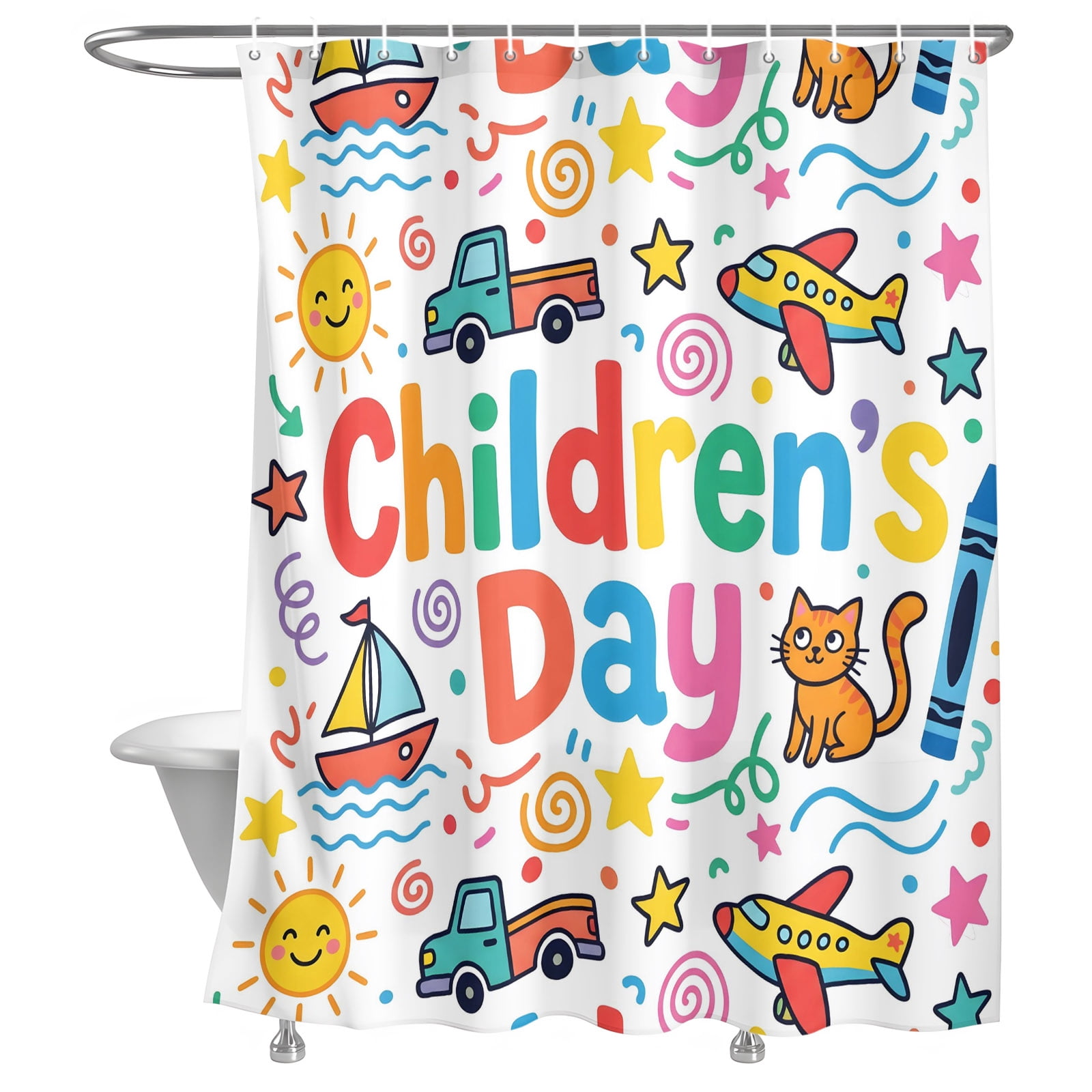 Bathroom Shower Curtain Children's Day Trucks Sailboats Crayons ...