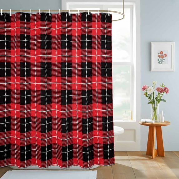 Bathroom Shower Curtain Christmas Black Red Buffalo Plaid Waterproof ...