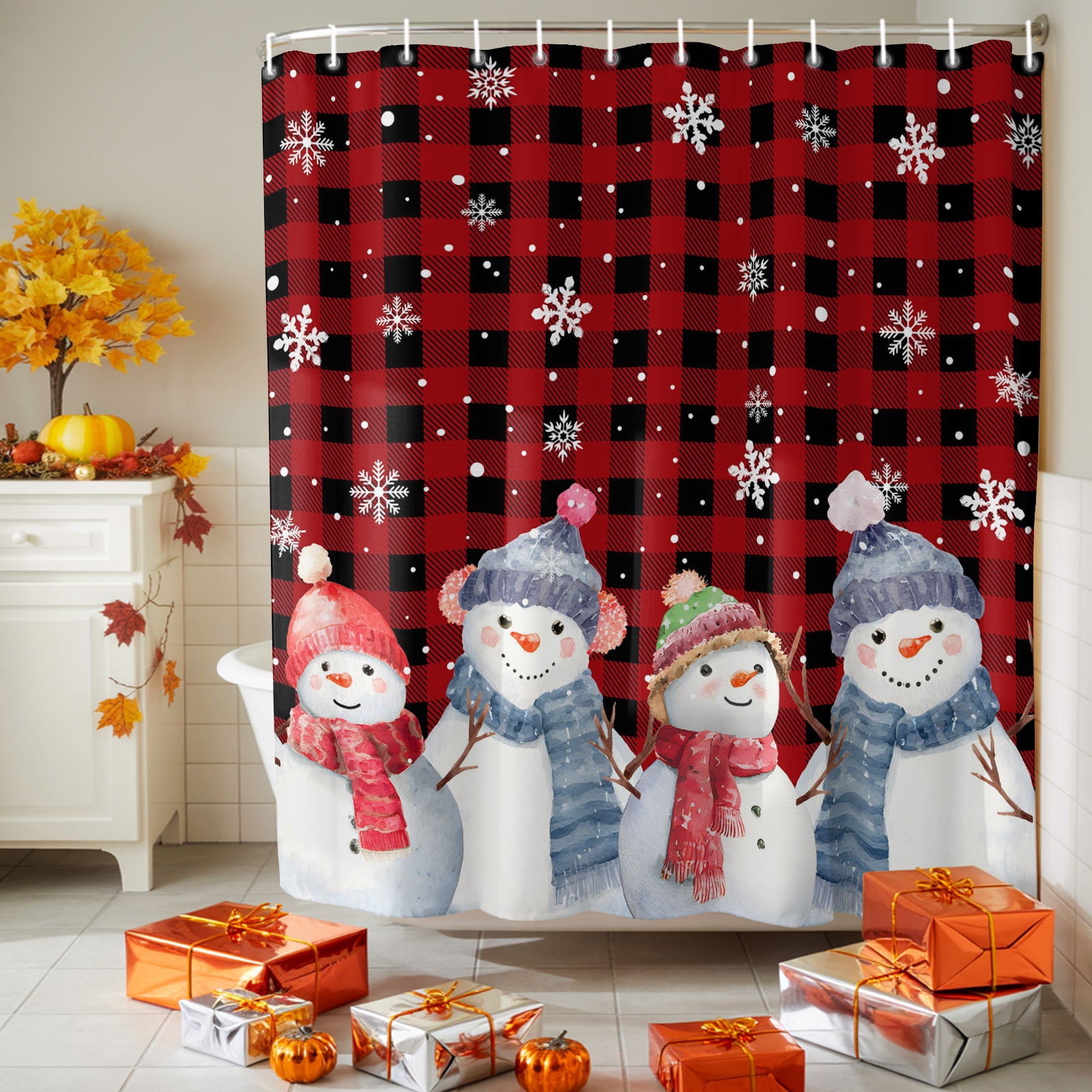 Bathroom Shower Curtain Christmas Snowman Red Black Buffalo Plaid ...