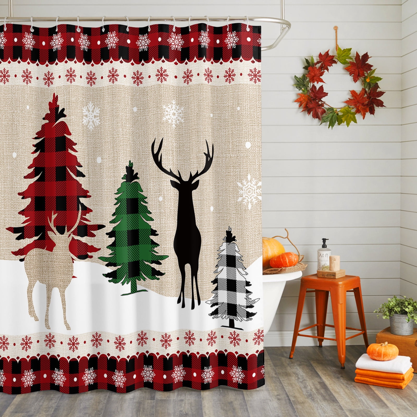 Bathroom Shower Curtain Christmas Tree Elk Shadow Winter Snowflake ...