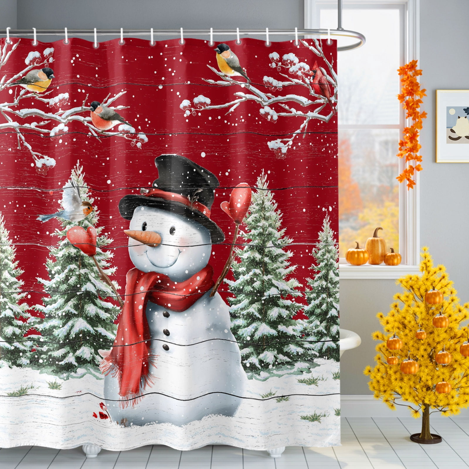 Bathroom Shower Curtain Christmas Tree Snowman Red Wood Grain ...
