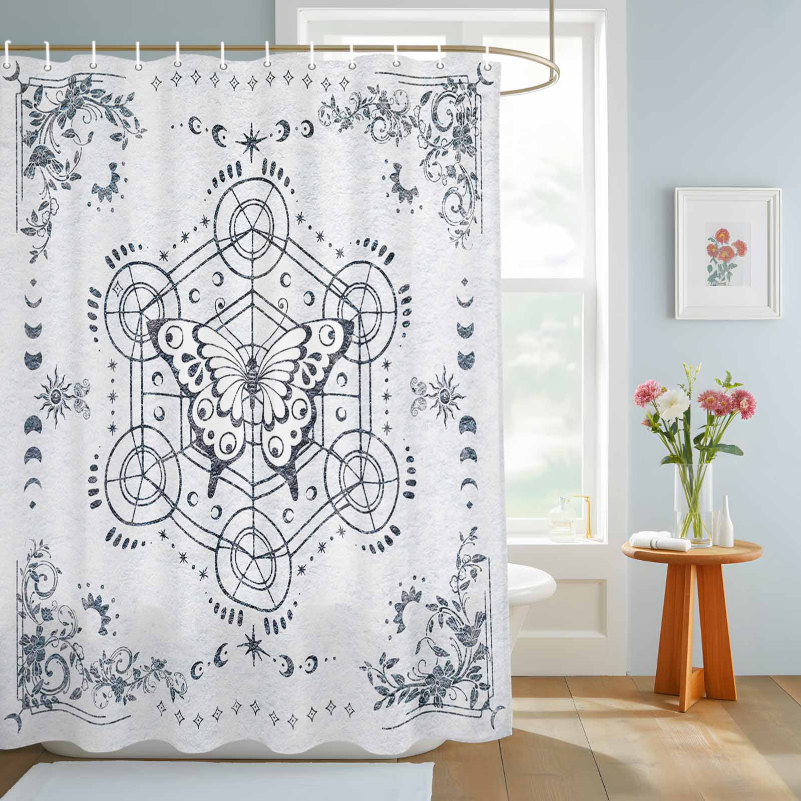 Bathroom Shower Curtain Circle Line Sketch Butterfly Waterproof Shower ...