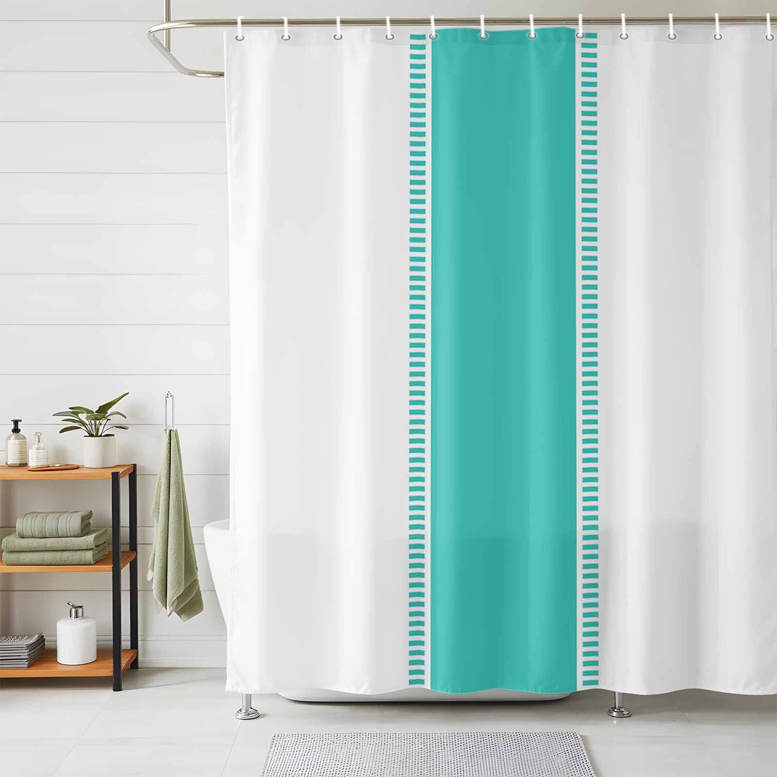 Bathroom Shower Curtain Classic Teal Stripes on White Waterproof Shower ...