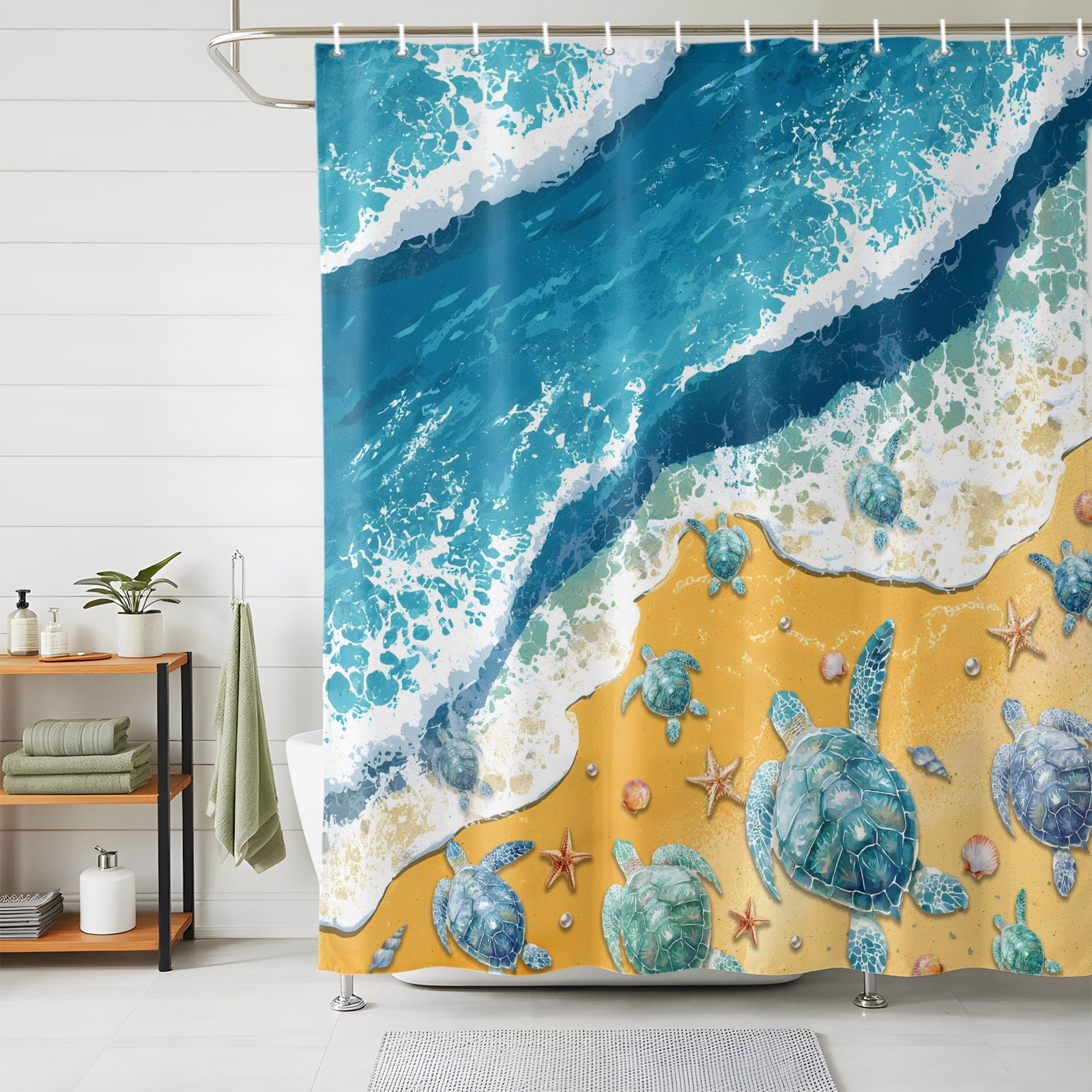 Bathroom Shower Curtain Coastal Blue Ocean Wave Waterproof Shower ...