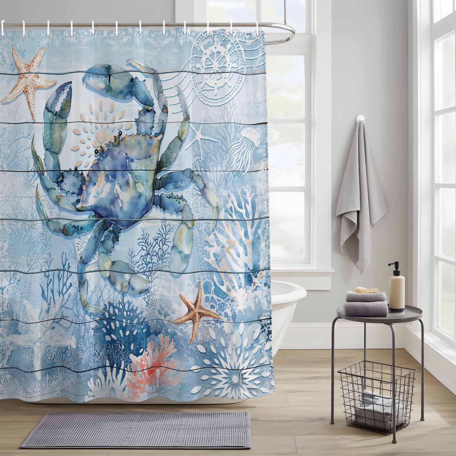 Bathroom Shower Curtain Coastal Crab Ocean Starfish Coral Waterproof ...