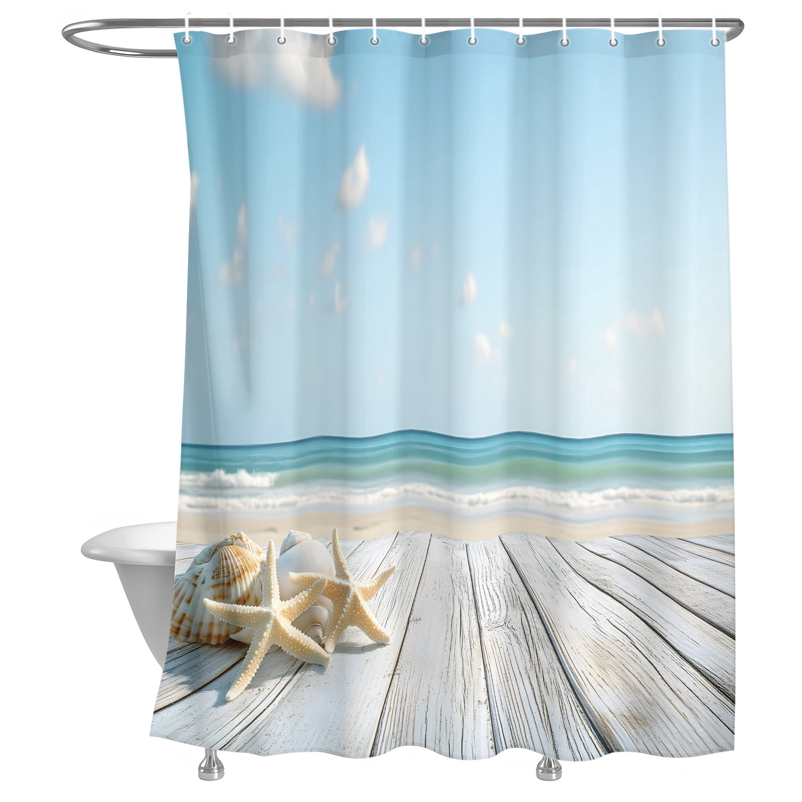 Bathroom Shower Curtain Coastal Ocean Starfish Shell Wooden Waterproof ...