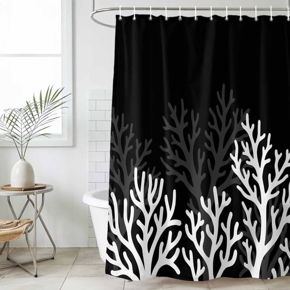 Bathroom Shower Curtain Coastal Ocean White Coral on Black Waterproof ...