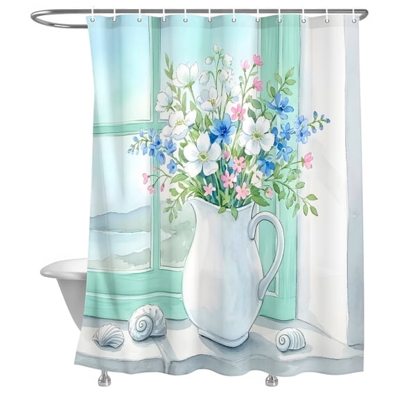Bathroom Shower Curtain Coastal Window Watercolor Flower Waterproof ...