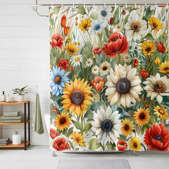 Bathroom Shower Curtain Colorful Sunflower Spring Flower Leaves ...