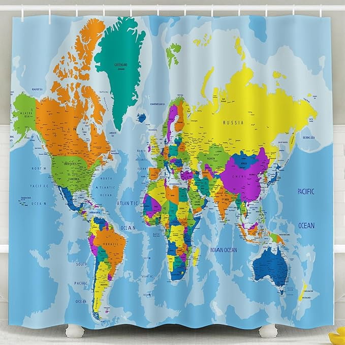 Bathroom Shower Curtain Colorful World Map Clearly Labeled Modern ...