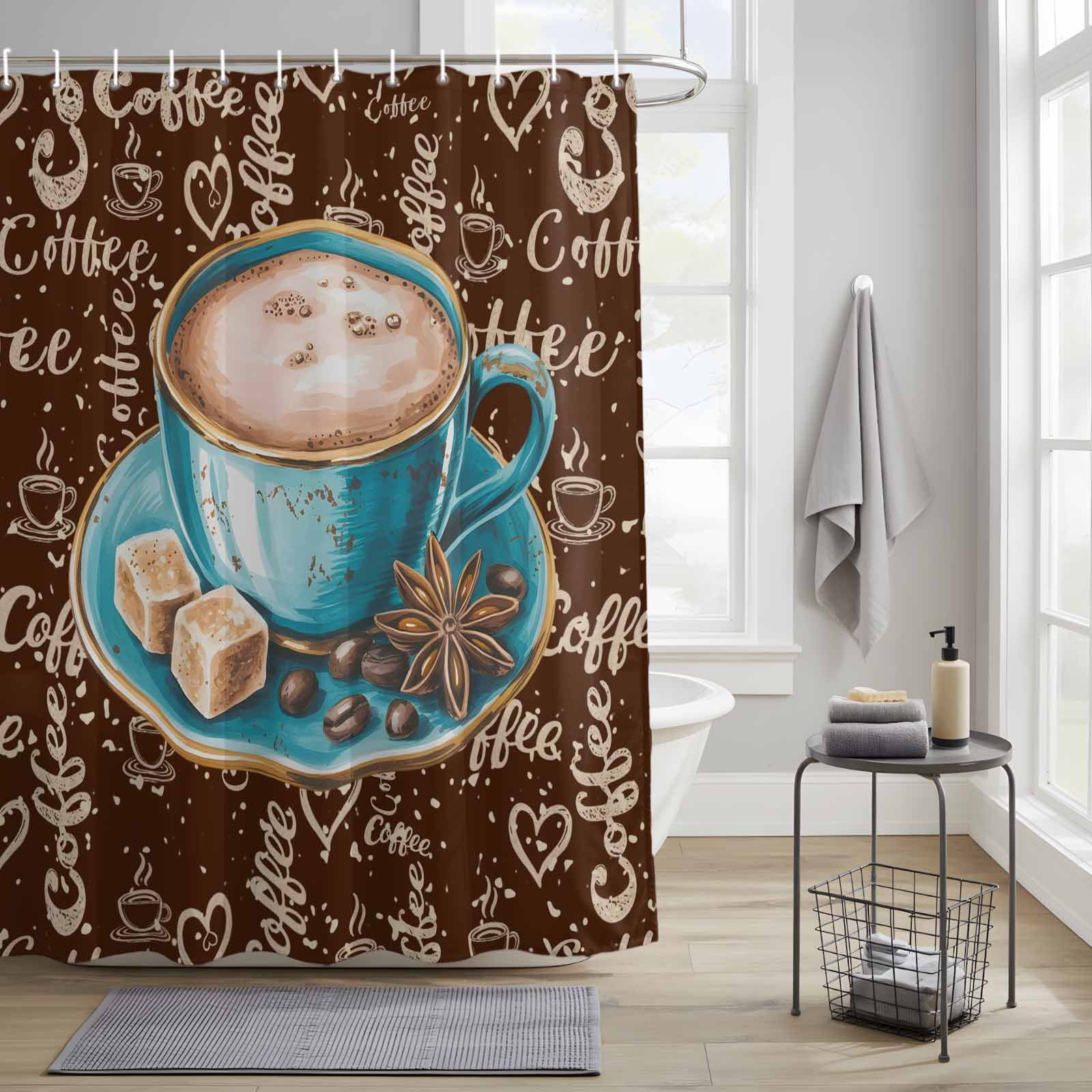 Bathroom Shower Curtain Country Coffee Sugar Blue Cup Waterproof Shower ...