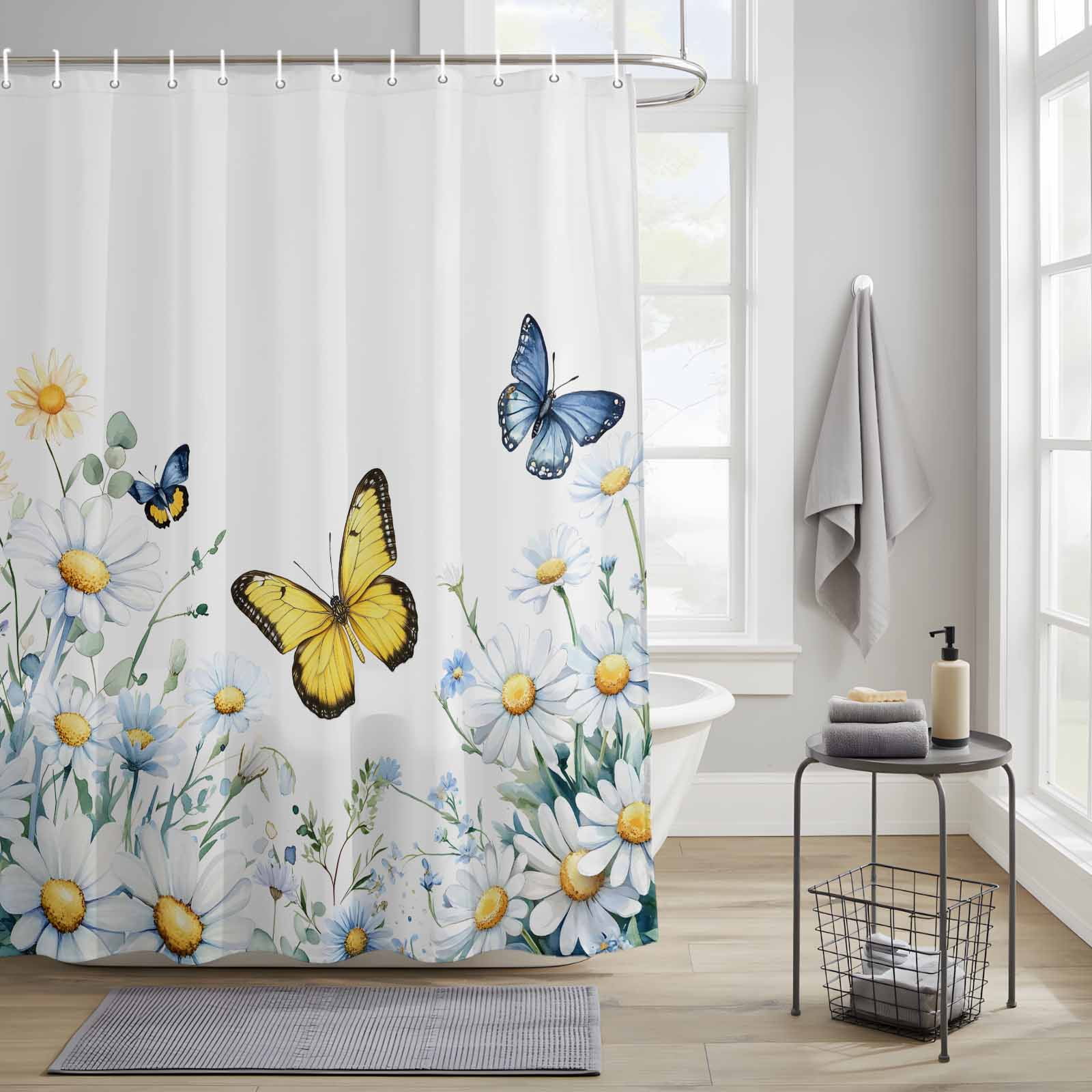 Bathroom Shower Curtain Country Daisy Flower Butterfly Waterproof ...