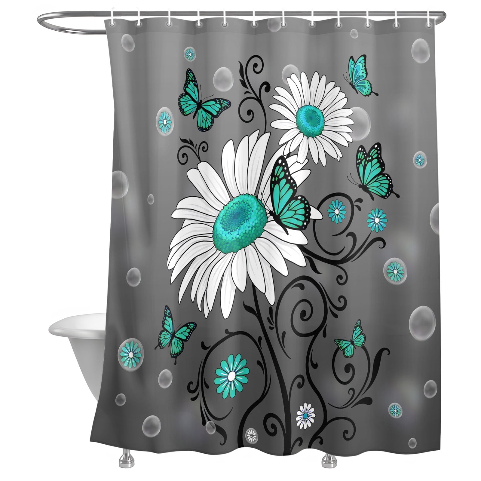 Bathroom Shower Curtain Country Daisy Green Flowers Waterproof Shower ...