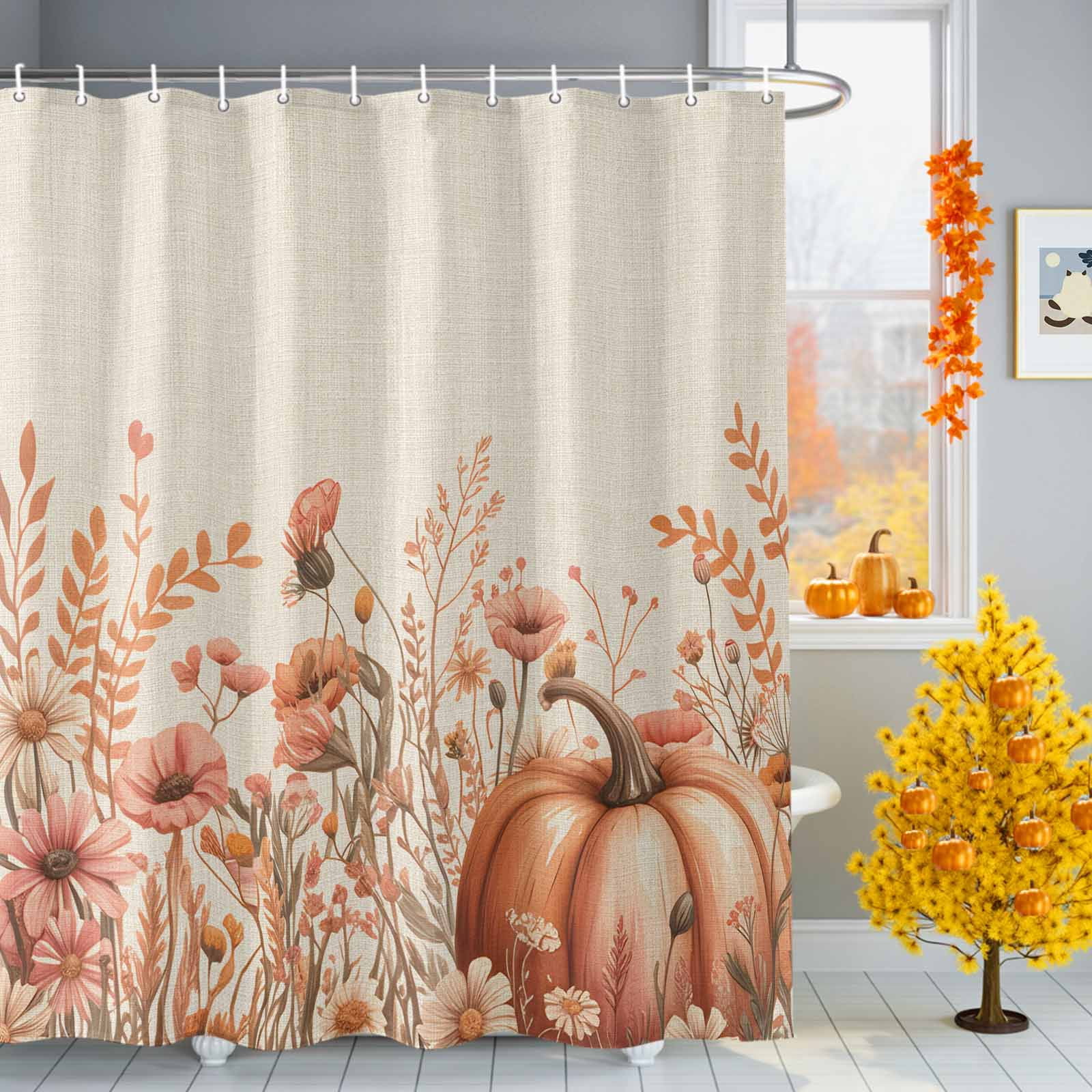 Bathroom Shower Curtain Country Farm Pumpkin Wildflowers Waterproof ...