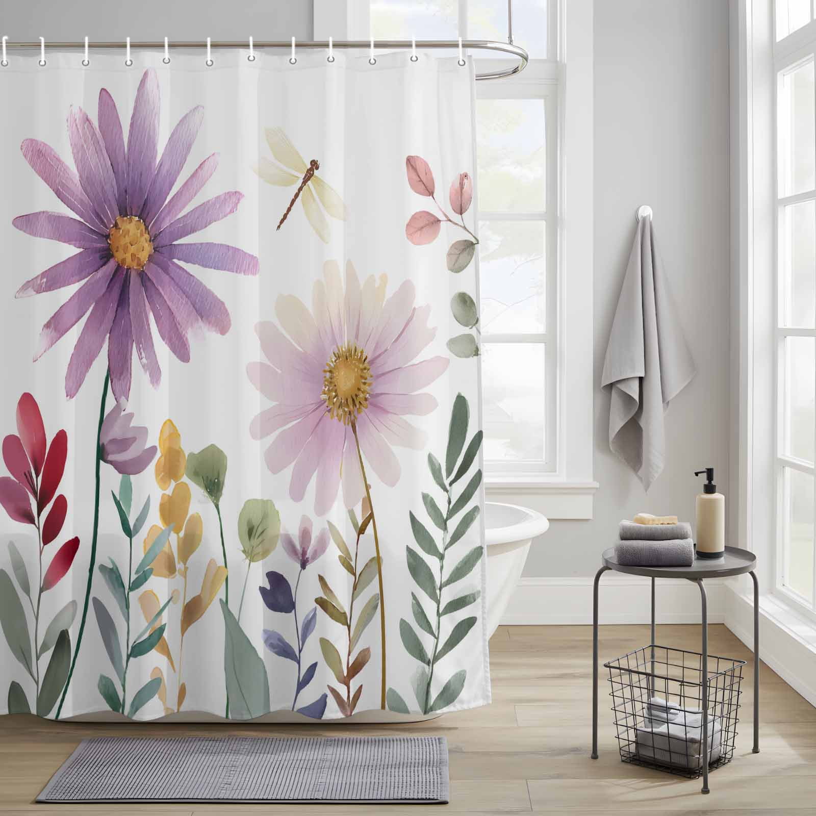 Bathroom Shower Curtain Country Field Purple Flowers Waterproof Shower ...