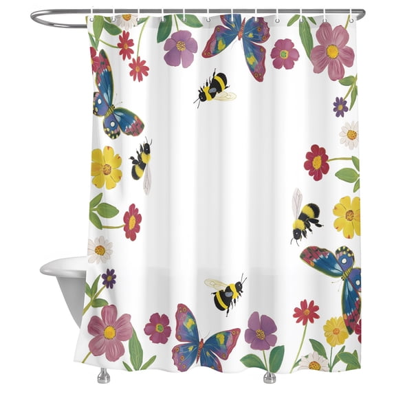 Bathroom Shower Curtain Country Flower Leaf Butterfly Bee Waterproof ...