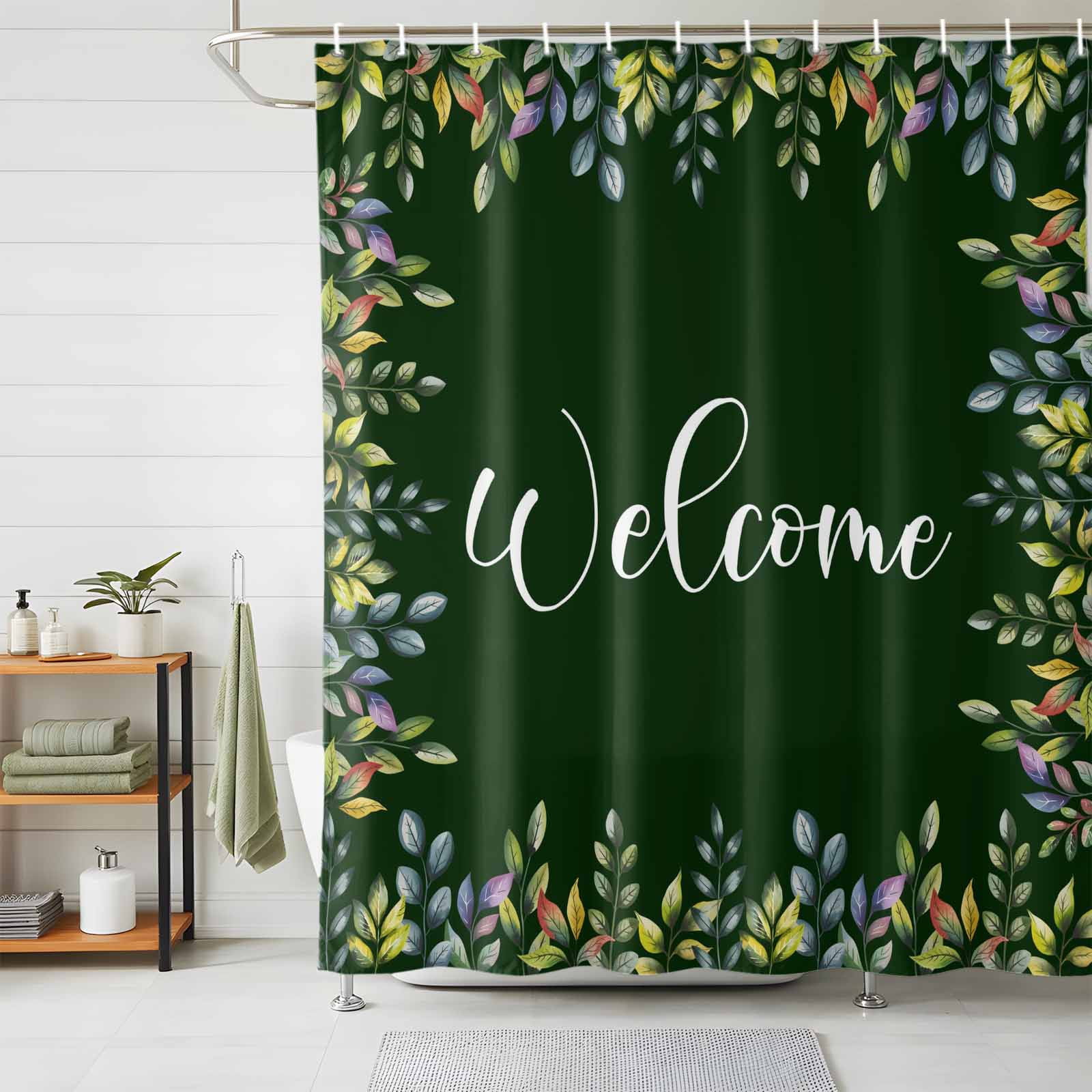 Bathroom Shower Curtain Country Gradient Leaves on Black Waterproof ...