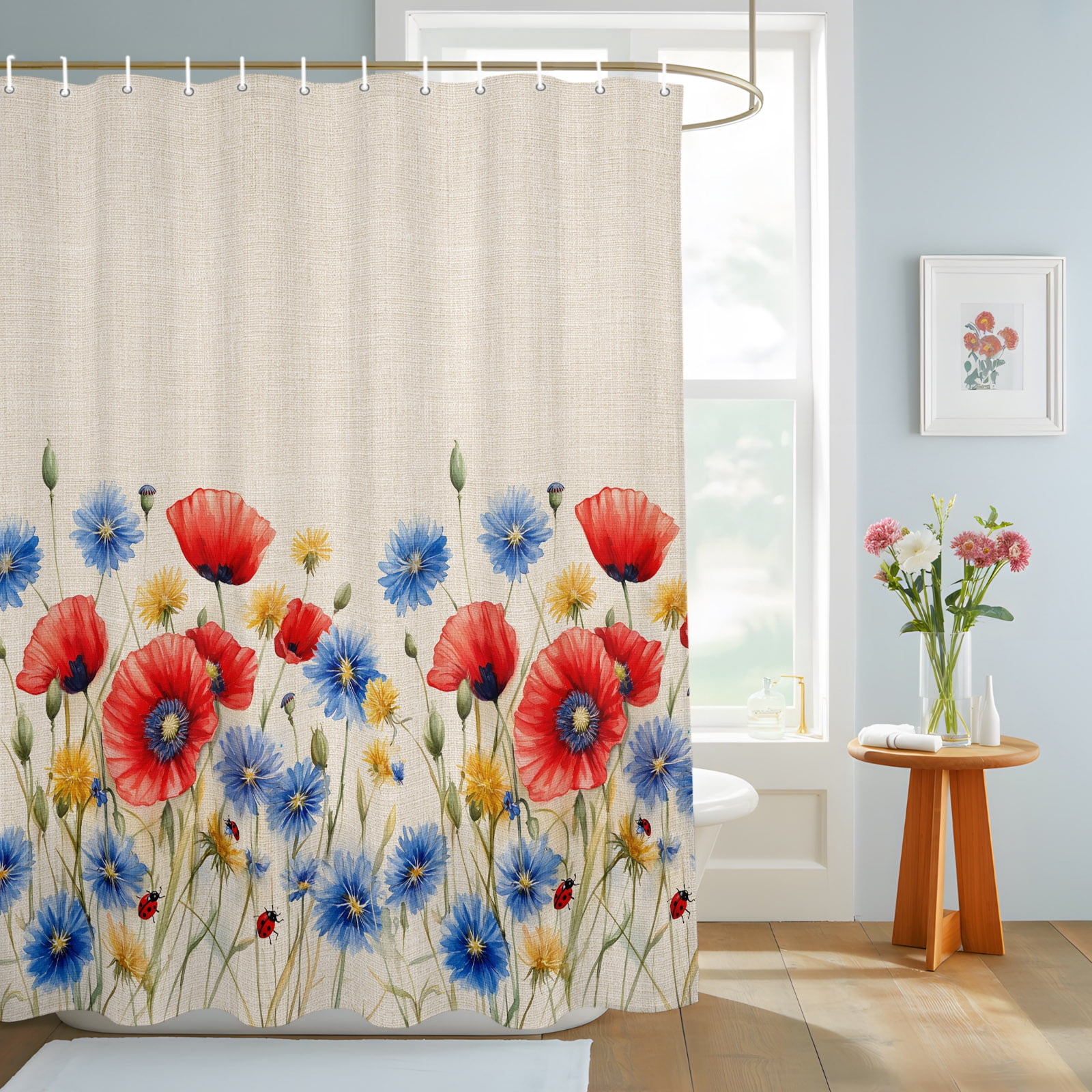 Bathroom Shower Curtain Country Poppy Flower Watercolor Waterproof ...