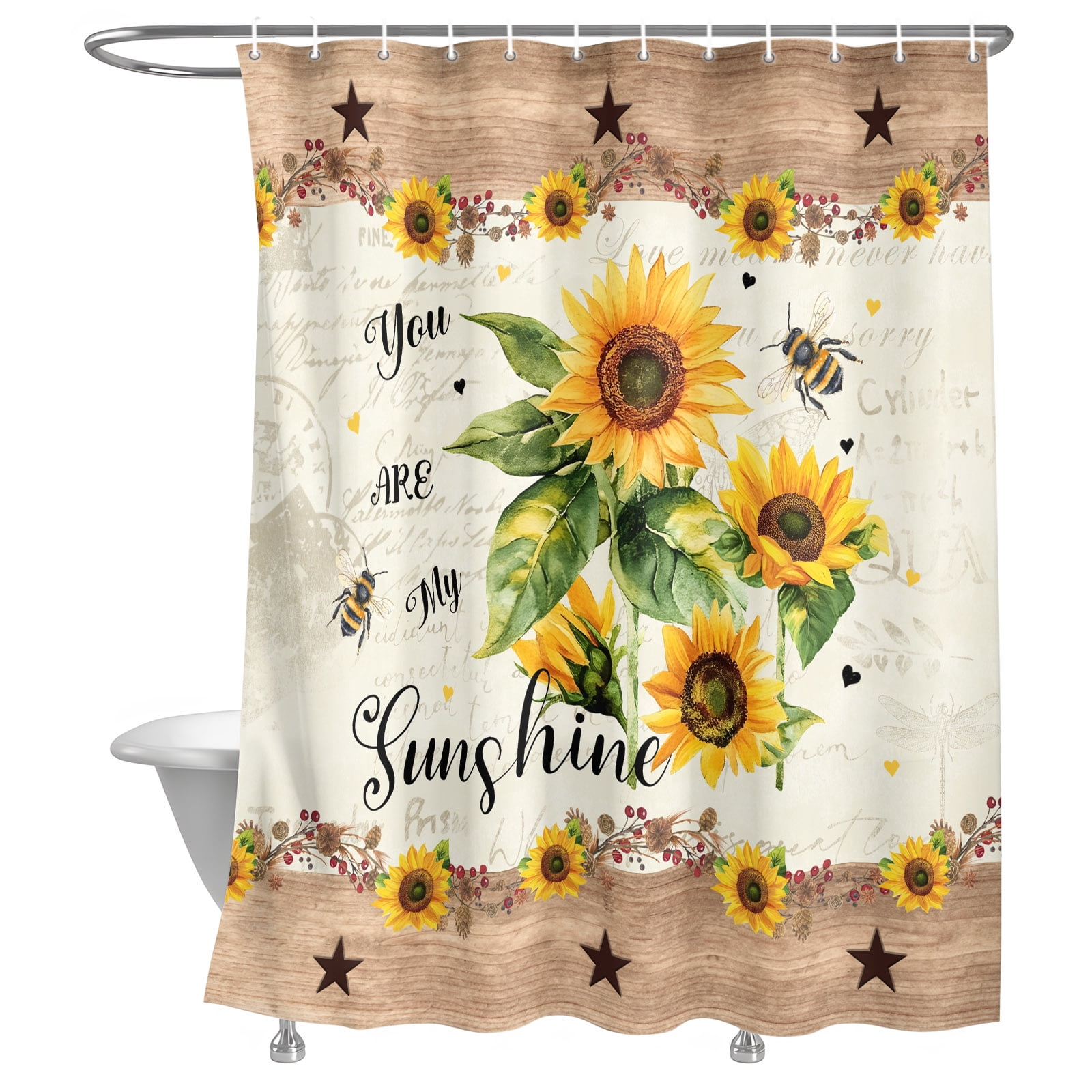 Bathroom Shower Curtain Country Star Sunflower Bee Waterproof Shower ...