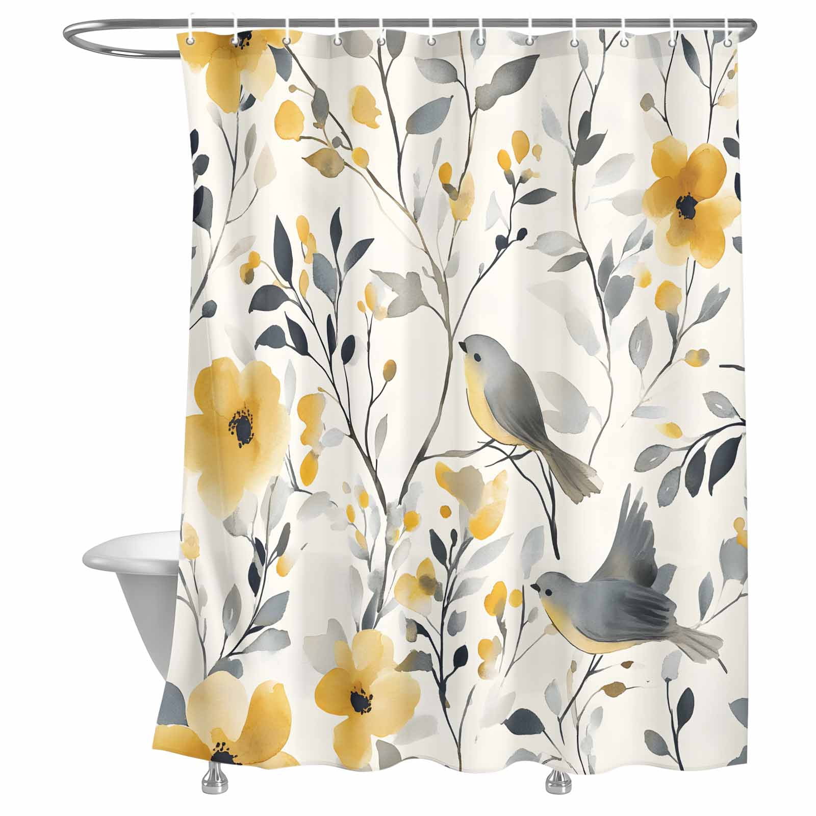 Bathroom Shower Curtain Country Yellow Flower Bird Waterproof Shower ...