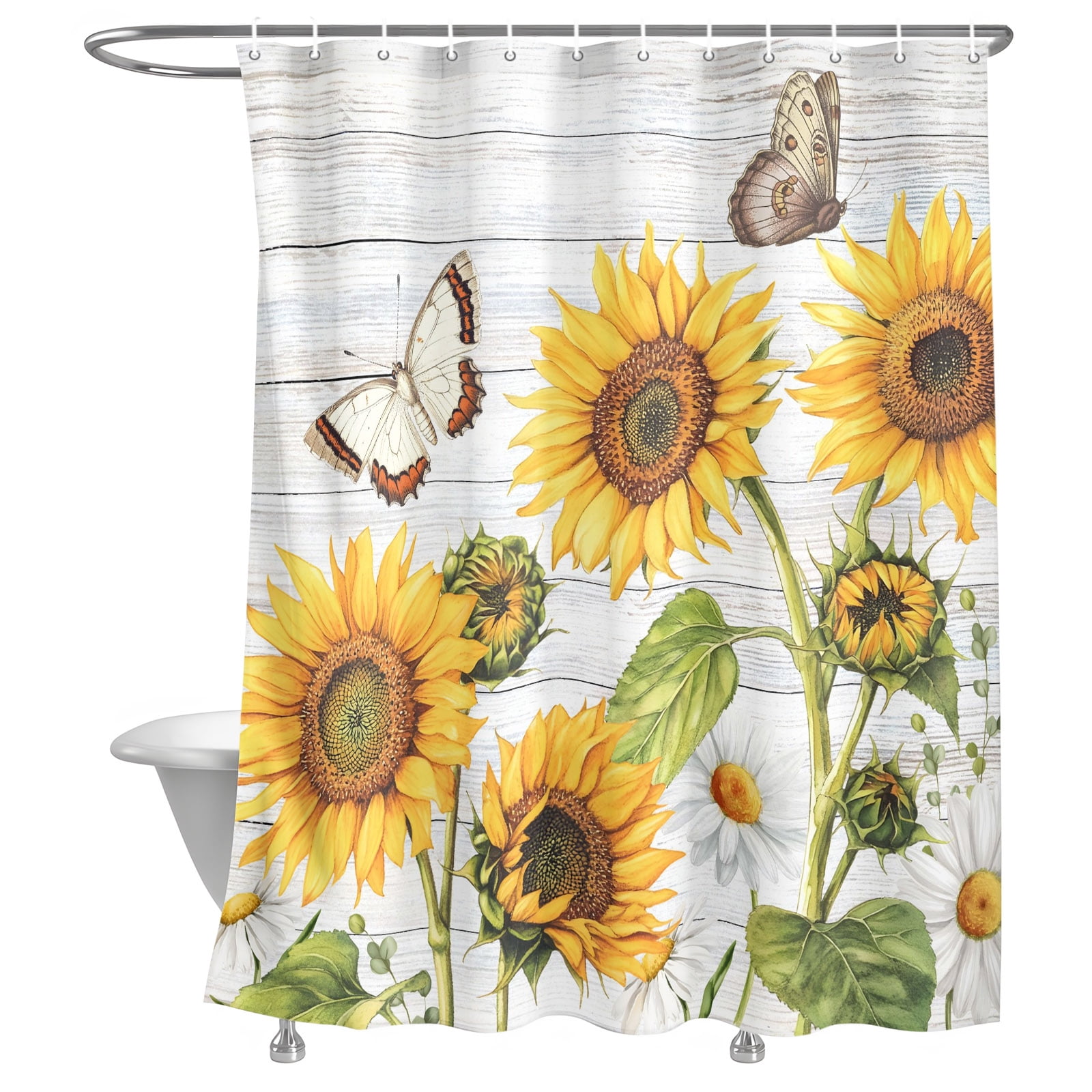 Bathroom Shower Curtain Country Yellow Sunflower Butterfly Waterproof ...