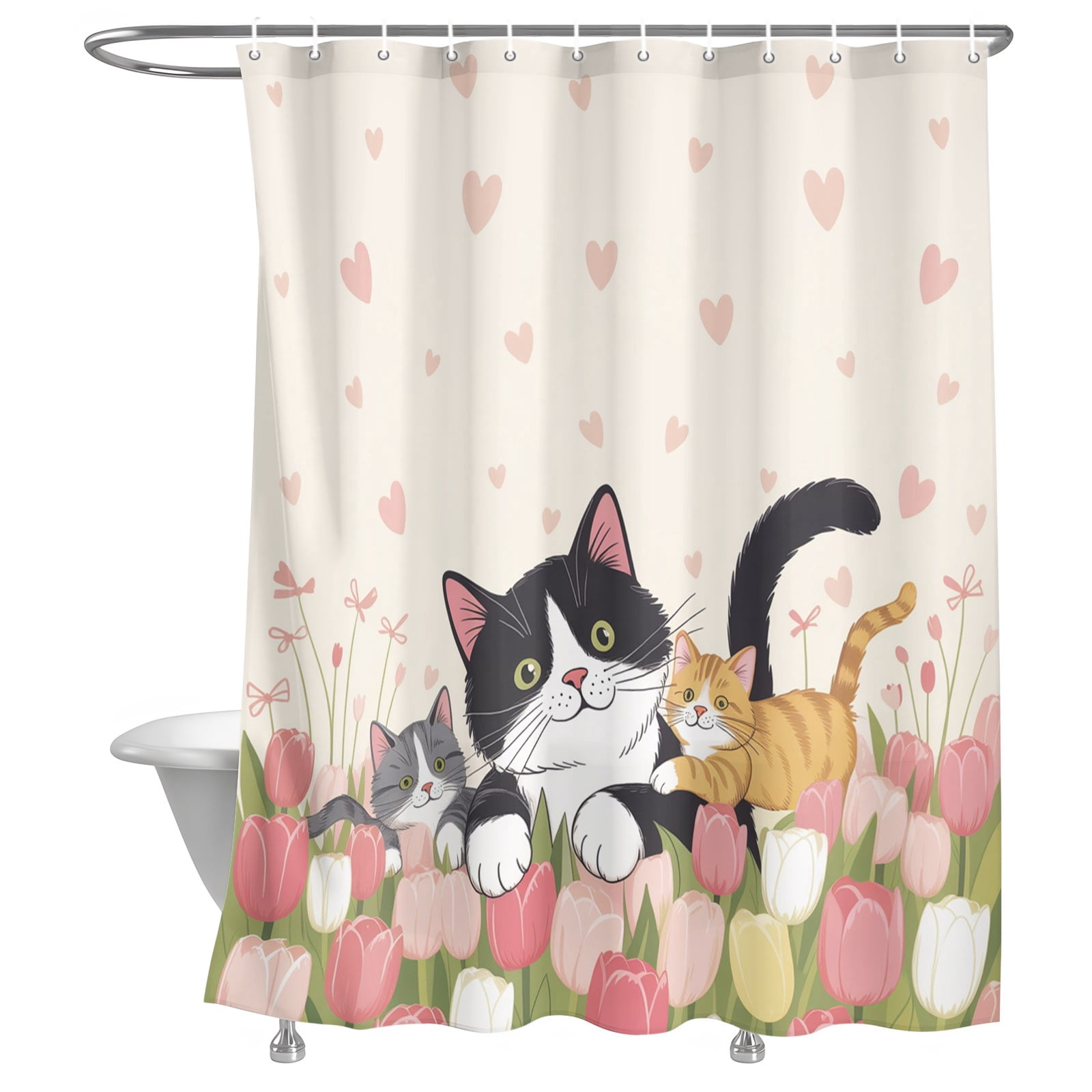 Bathroom Shower Curtain Cute Cat Pink Tulip Flower Waterproof Shower ...