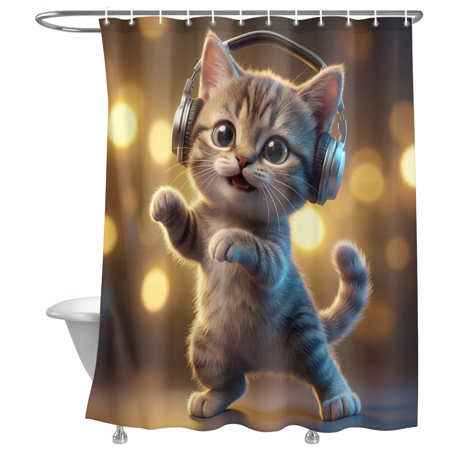 Bathroom Shower Curtain Cute Cat with Headphones Waterproof Shower ...