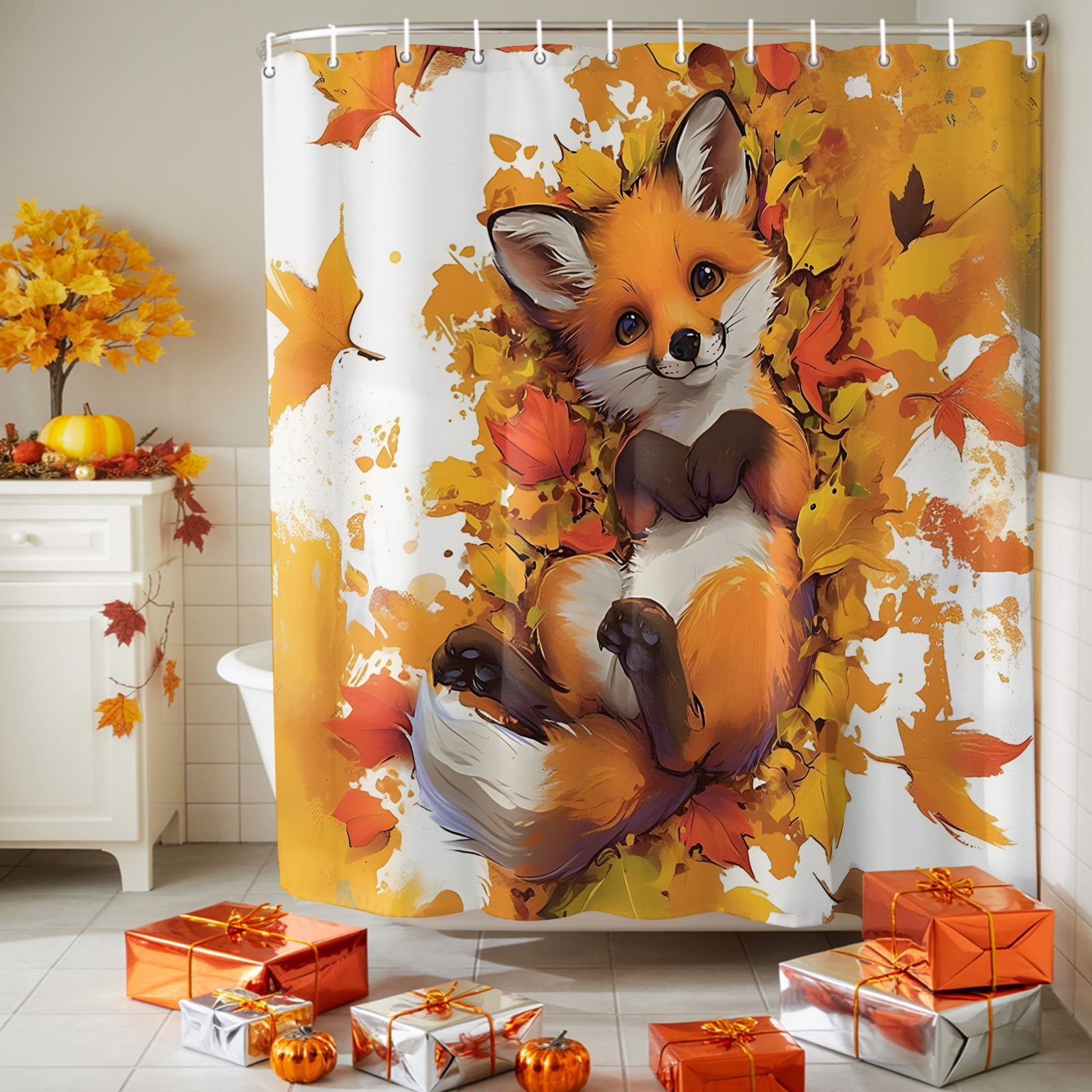 Bathroom Shower Curtain Cute Fox Lying in Orange Maple Leaves ...