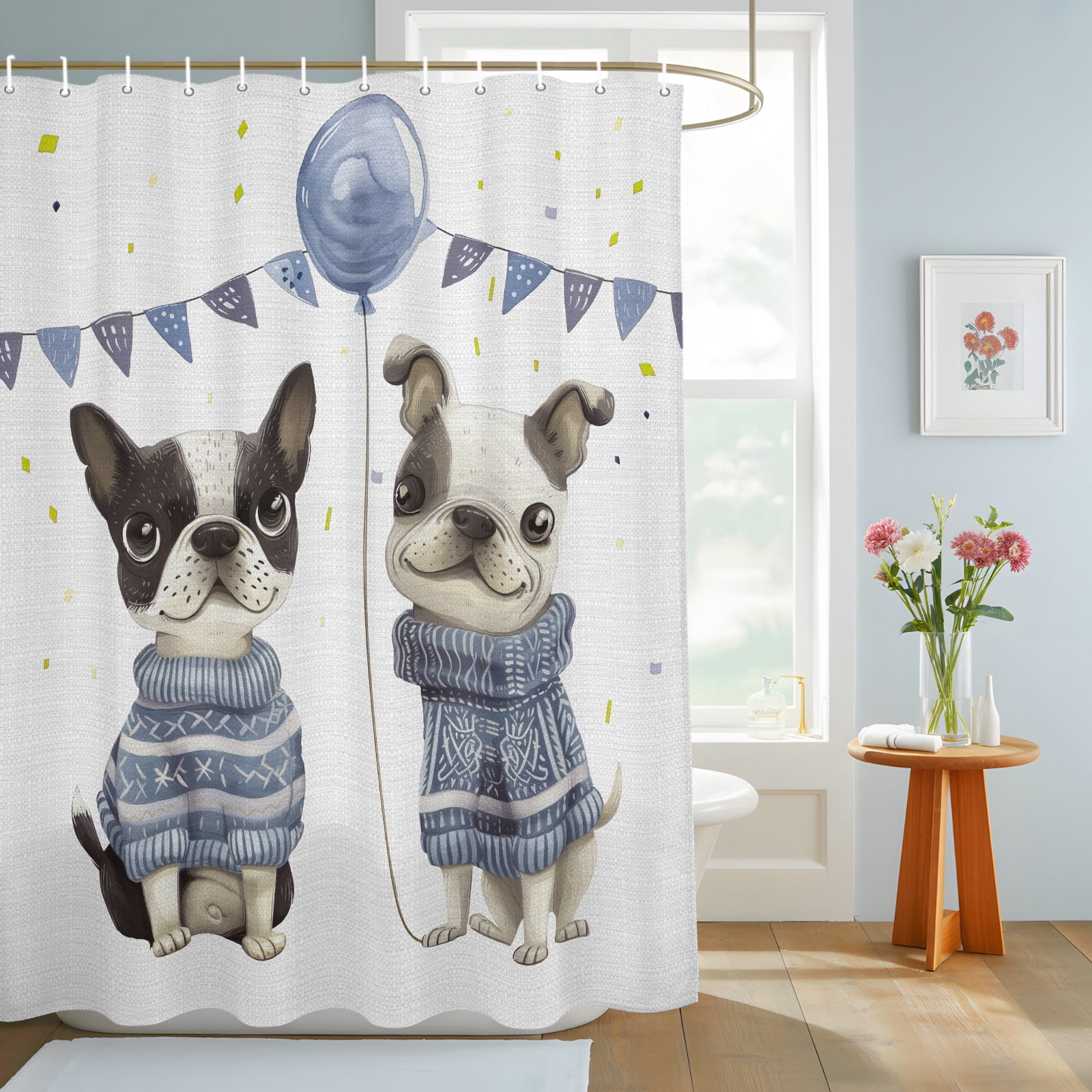 Bathroom Shower Curtain Cute Pet Dog Bulldog with Sweater Waterproof ...