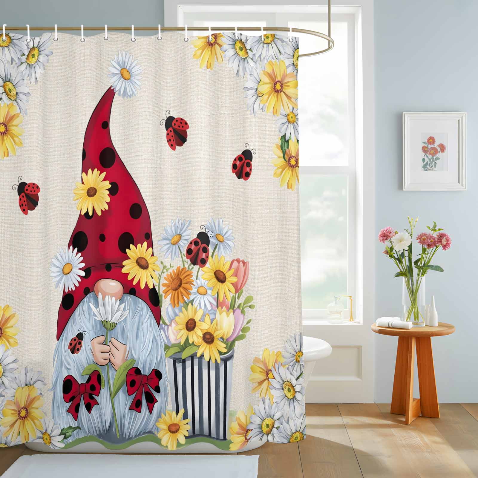 Bathroom Shower Curtain Daisy Flower Gnome Ladybug Waterproof Shower ...