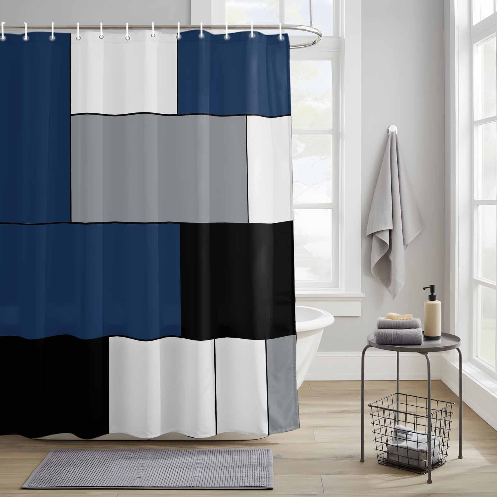 Bathroom Shower Curtain Dark Blue Color Block Abstract Geometric ...