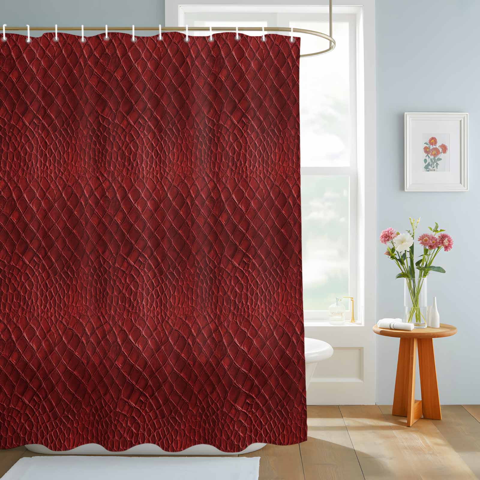 Bathroom Shower Curtain Deep Red Faux Leather Art Waterproof Shower ...