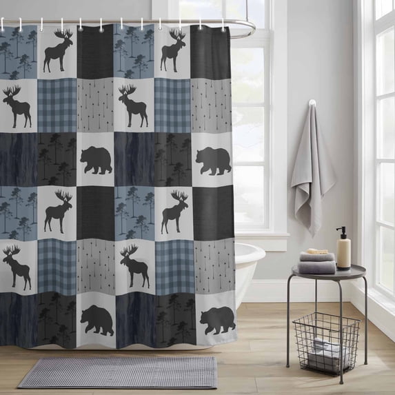 Bathroom Shower Curtain Deer Bear Retro Grey Plaid Waterproof Shower ...